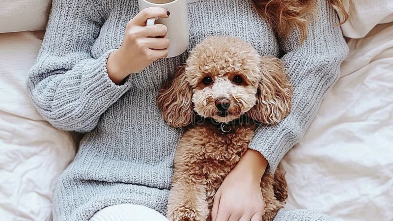 A Sweet Loving Spoiled Poodle Dog Relaxing with Her Owner Wearing Comfy ...