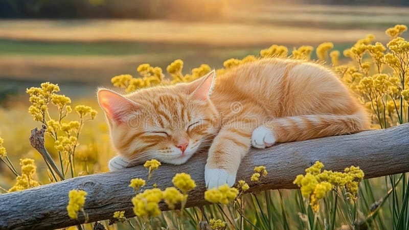 Cute Kitty Cat Napping on Top of a Fence in a Field, Meadow or Yard with a Beautiful Lush Garden ...