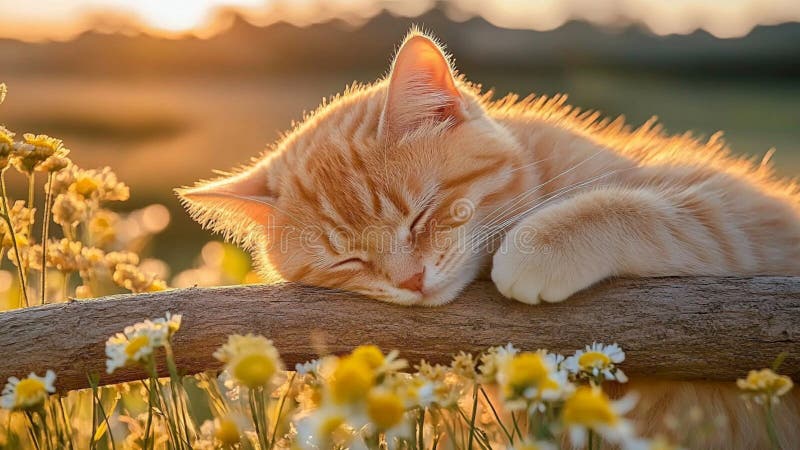 Cute Kitty Cat Napping on Top of a Fence in a Field, Meadow or Yard with a Beautiful Lush Garden ...