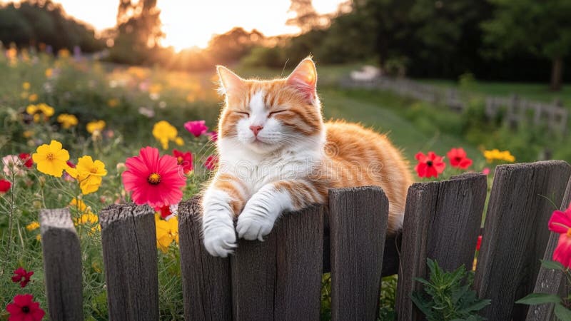 A Super Cute Orange Kitty Cat on a Fence in a Field, Meadow or Yard ...