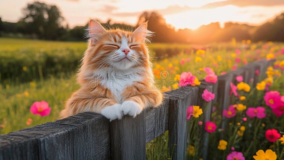 A Super Cute Orange Kitty Cat on a Fence in a Field, Meadow or Yard ...