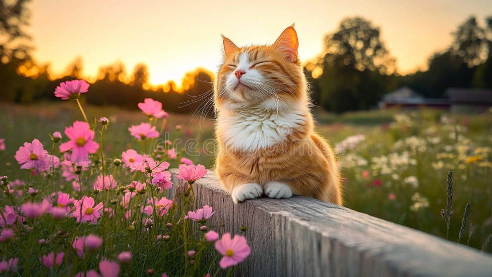A Super Cute Orange Kitty Cat on a Fence in a Field, Meadow or Yard ...