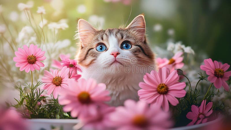 A Graceful Kitty Cat Pussycat in a Pink Flower Garden Under a Bright ...