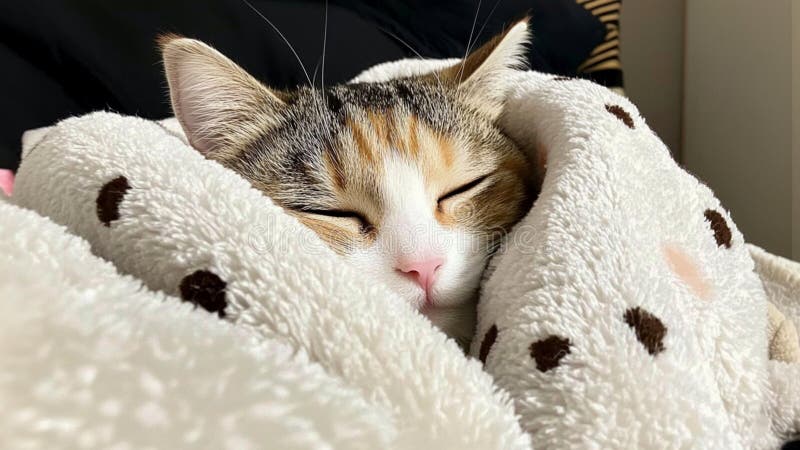 A Super Cute Kitty Cat Peacefully Sleeping and Dreaming on a Comfy Bed ...