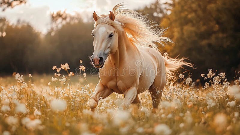 A Beautiful Beige Horse Walking Around a Green Meadow with Wild White ...