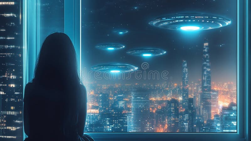 A Woman Watching Extraterrestrial Spacecrafts Hovering Above a City ...