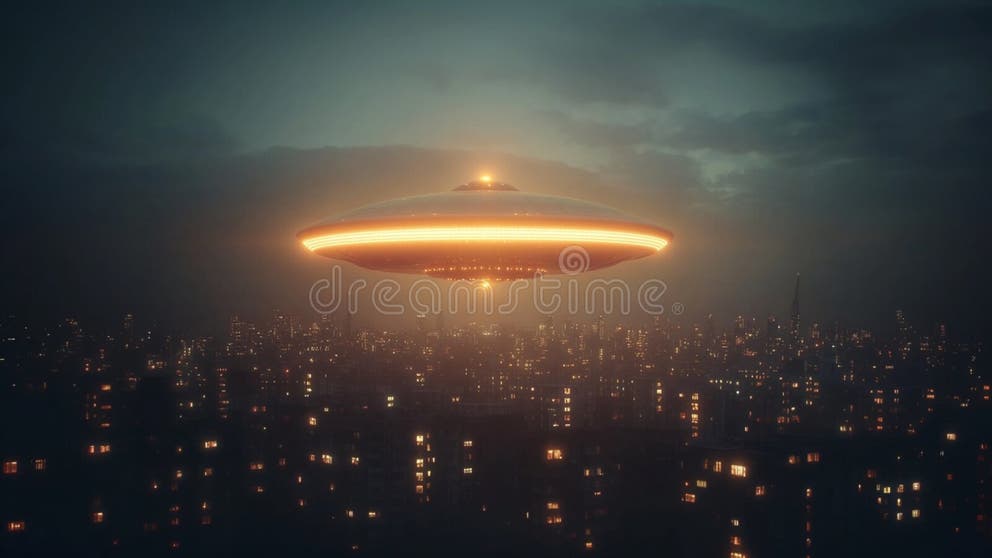 A Glowing UFO, UAP, Flying Saucer Flying Above a City at Night Stock ...