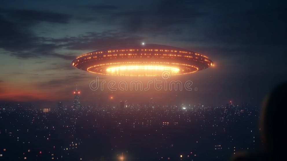 A Glowing UFO, UAP, Flying Saucer Flying Above a City at Night Stock ...