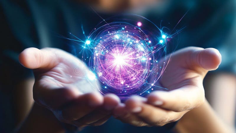 Quantum Symbol Magic Hologram Being Held by a Womans Hands Stock ...