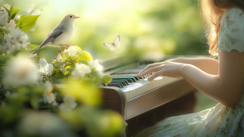A Woman Playing a Traditional Piano Keyboard in a Green Nature ...