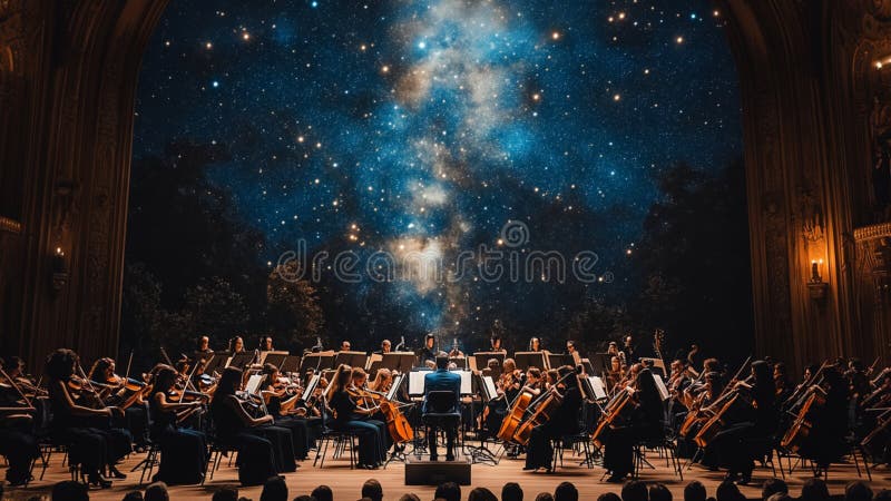 A Cosmic Orchestra Playing Cosmic Instrumental Melodies on Stage Stock ...