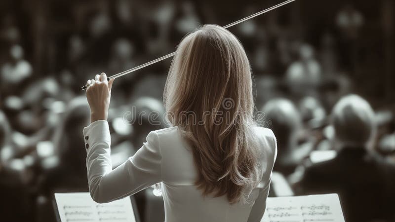 A Female Orchestra Conductor Guiding an Orchestra Symphony Stock ...
