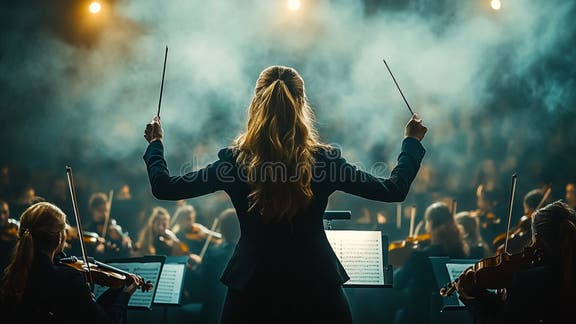 A Female Orchestra Conductor Guiding an Orchestra Symphony Stock ...
