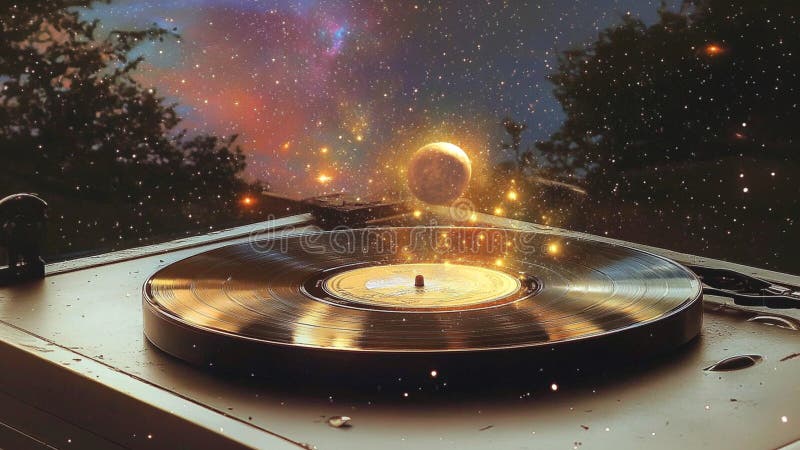 A Classic Vinyl Record Disk Album Playing in a Cosmic Dream Stock ...
