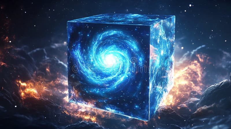 A Cosmic Tesseract in a Blue Nebula Universe Backdrop Stock ...