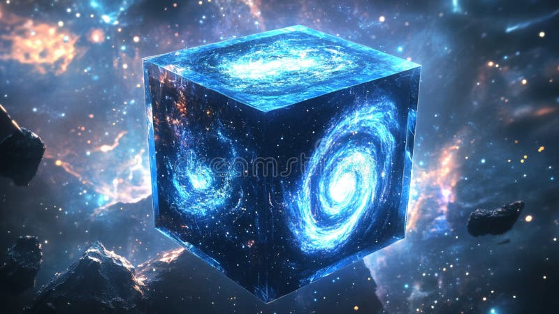 A Cosmic Tesseract in a Blue Nebula Universe Backdrop Stock ...