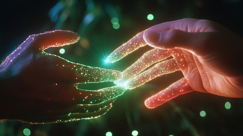 Digital Computerized Matrix Movie Metaverse Human Hands Touching ...