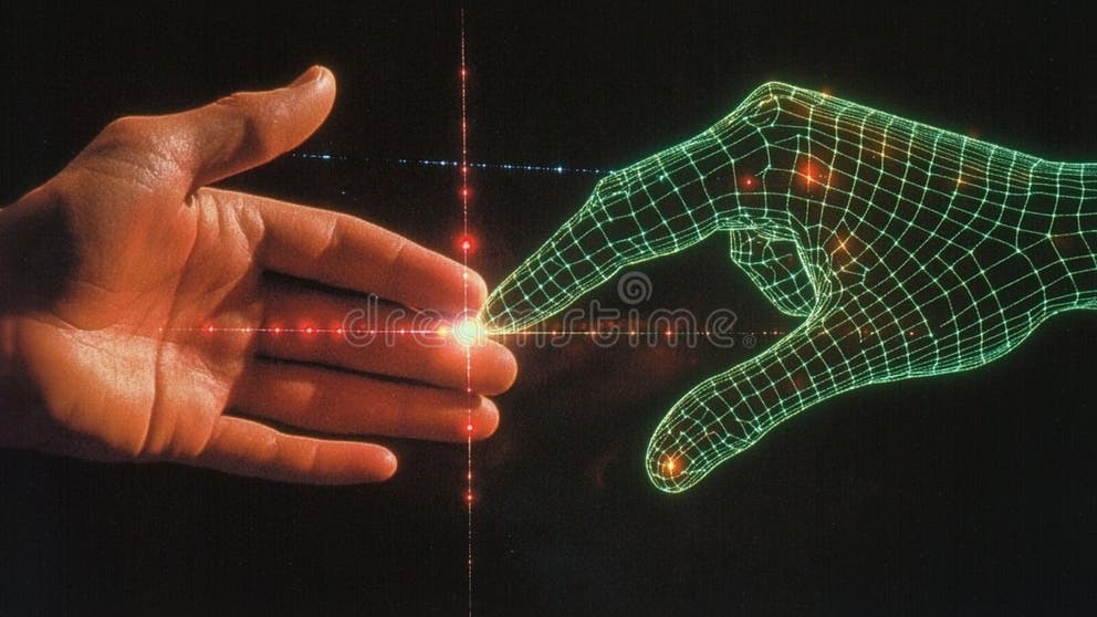 Digital Computerized Matrix Movie Metaverse Human Hands Touching ...