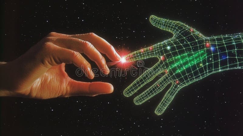 Digital Computerized Matrix Movie Metaverse Human Hands Touching ...