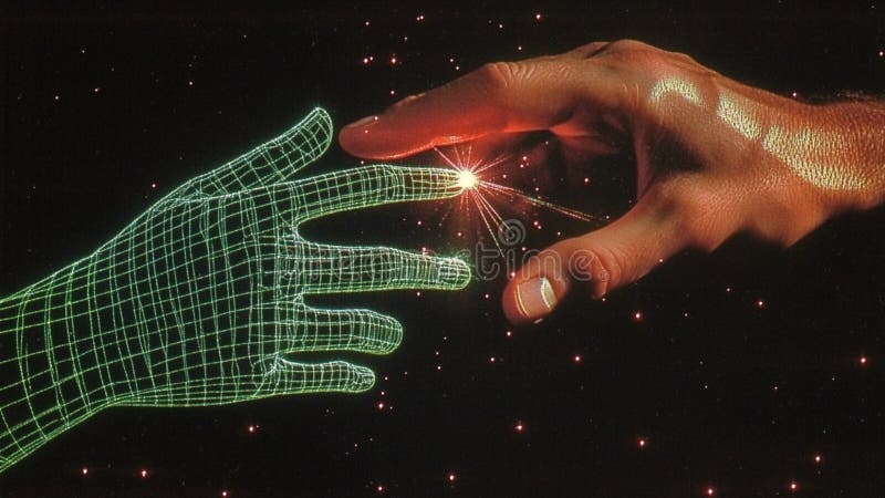 Digital Computerized Matrix Movie Metaverse Human Hands Touching ...