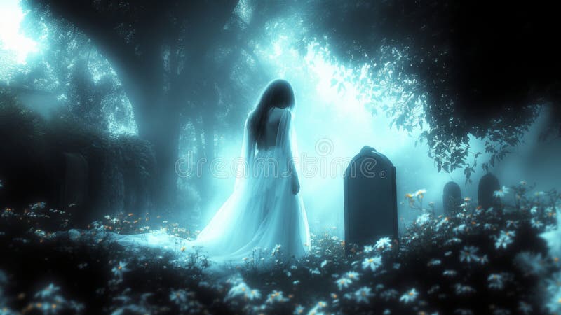 A Creepy Woman Ghost in a Wedding Gown Haunting a Cemetery Graveyard ...