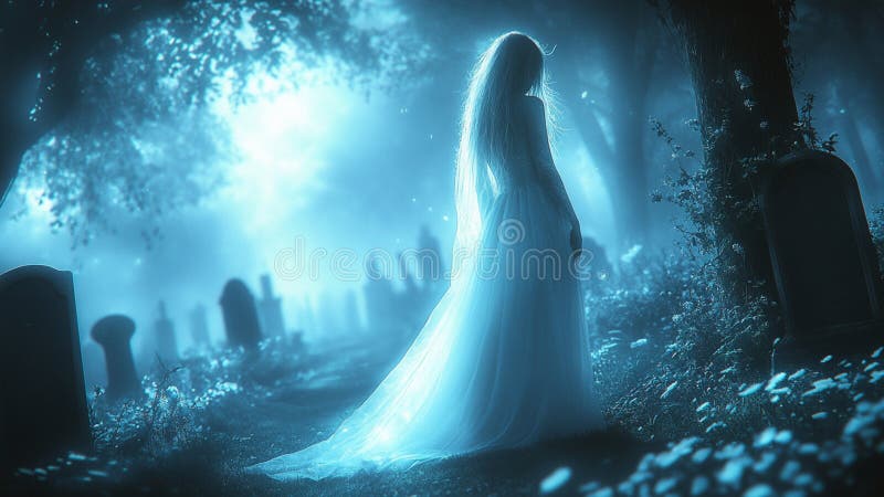 A Creepy Woman Ghost in a Wedding Gown Haunting a Cemetery Graveyard ...
