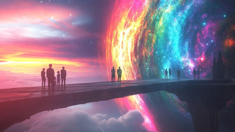 A Group of People Walking through a Cosmic Rainbow Gateway Bridge into ...
