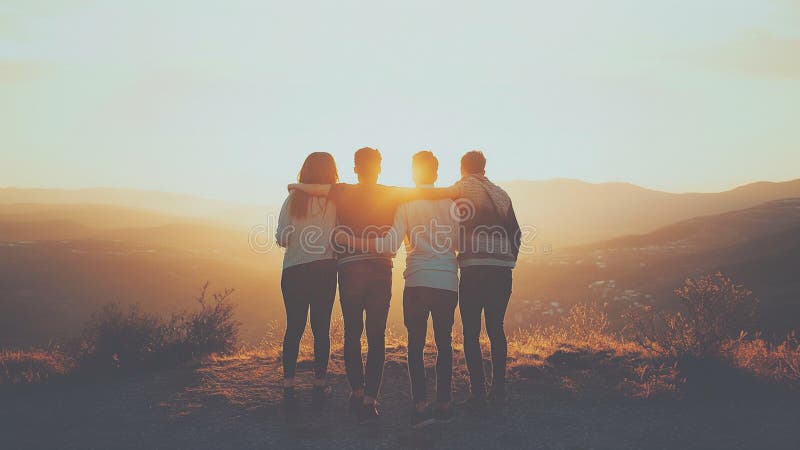 A Group of Friends Hugging One Another on Top of a Mountain at Sunset ...