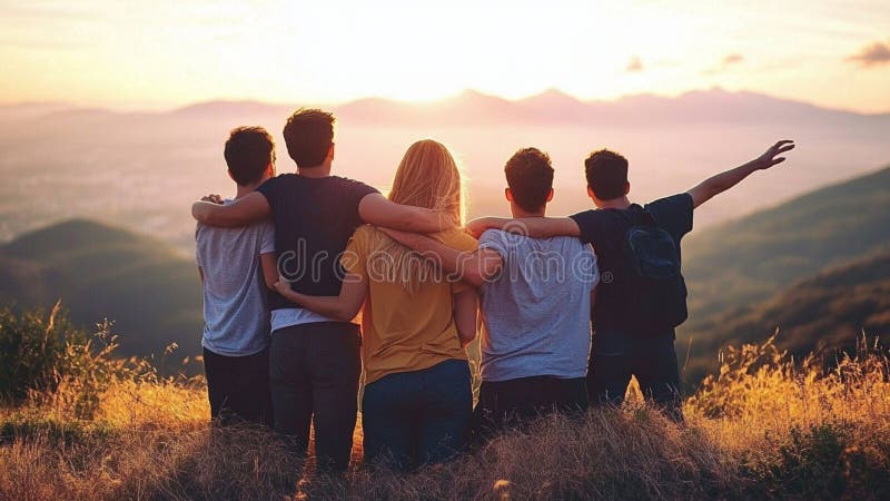 A Group of Friends Hugging One Another on Top of a Mountain Stock ...