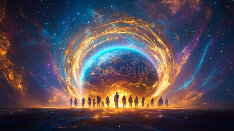 Silhouette of Kids in a Cosmic Background with Planet Earth and Shining ...