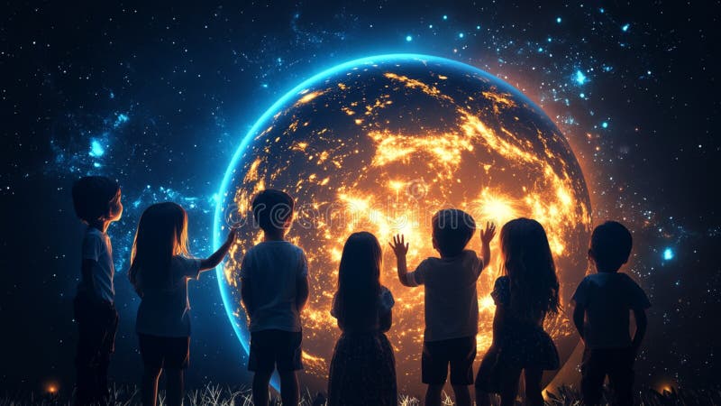 Silhouette of Kids in a Cosmic Background with Planet Earth and Shining ...