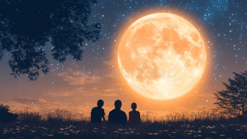 A Group of Friends or a Family Stargazing in a Field Under a Starry Sky ...