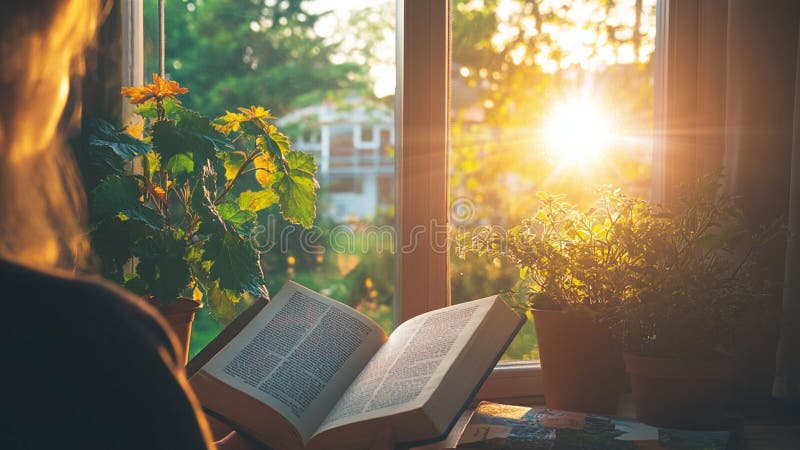 A Woman Reading a Book at a Window with Golden Sun Rays Stock ...