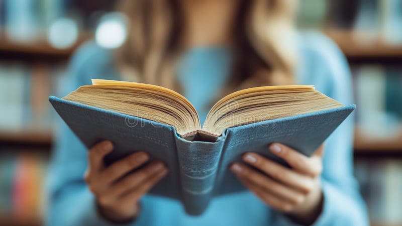 A Bookworm Female Student Reading a Book with a Blue Cover in a Library ...