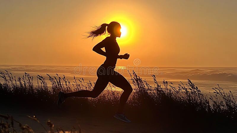 A Woman Jogging in a Meadow at Sunset Stock Illustration - Illustration ...