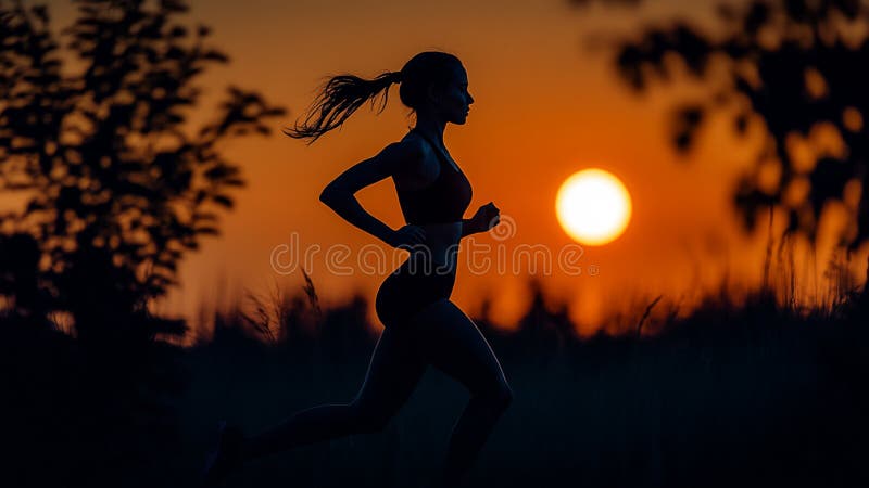 A Woman Jogging in a Meadow at Sunset Stock Illustration - Illustration ...