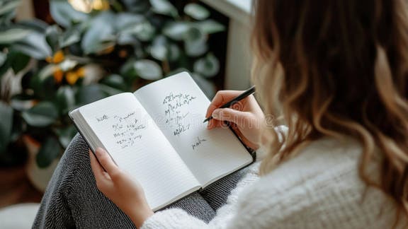 A Woman Writing, Scribbling and Drawing on a Notebook at Home Stock ...