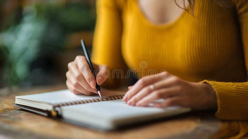 A Female College Student Wearing a Yellow Sweater Writing on a Notebook ...