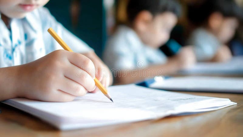 A Little Boy Writing on a Piece of Paper on a Desk in Class at School ...