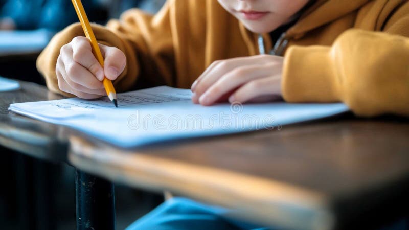 A Little Boy Writing on a Piece of Paper on a Desk in Class at School ...