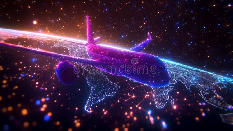 An Airplane Flying in a Fantasy Background with Shining Stars Stock ...