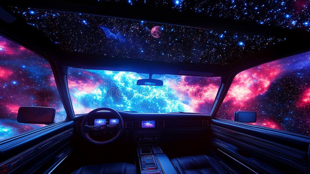Inside a Car in a Cosmic Background with Colorful Nebulas Stock ...