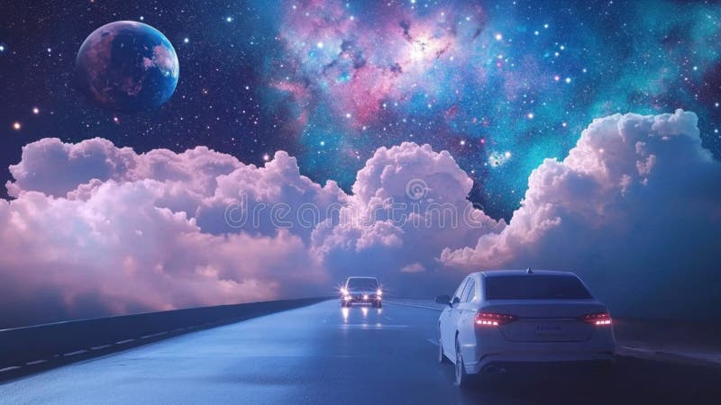 A Cosmic Scene with 2 Cars at Opposite Direction at High Speed on a ...