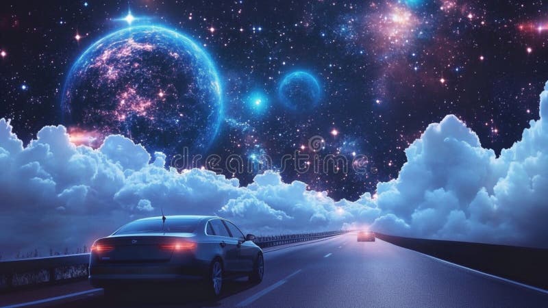 A Cosmic Scene with 2 Racing Cars at High Speed on a Fantasy Road To ...