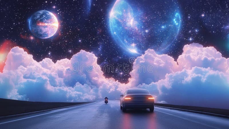 A Cosmic Scene with a Car and a Motorcycle at High Speed on a Fantasy ...