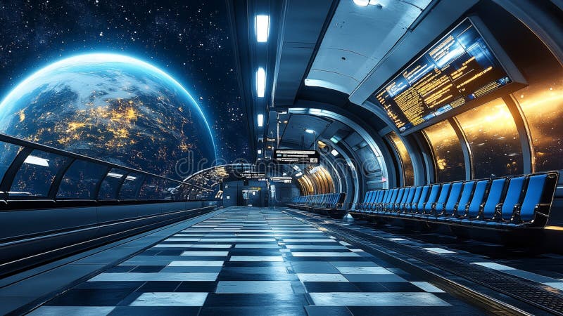 A Cosmic Science Fiction Train or Subway Station Stock Illustration ...