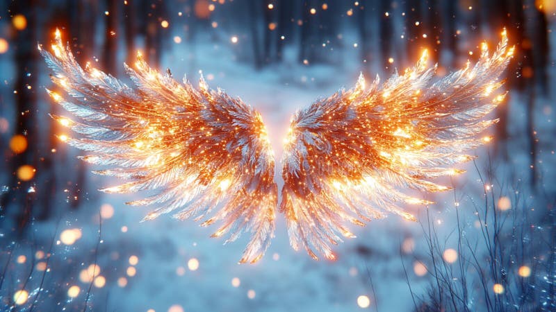 Divine Angelic Golden White Wings on Fire in a Celestial Snowy ...