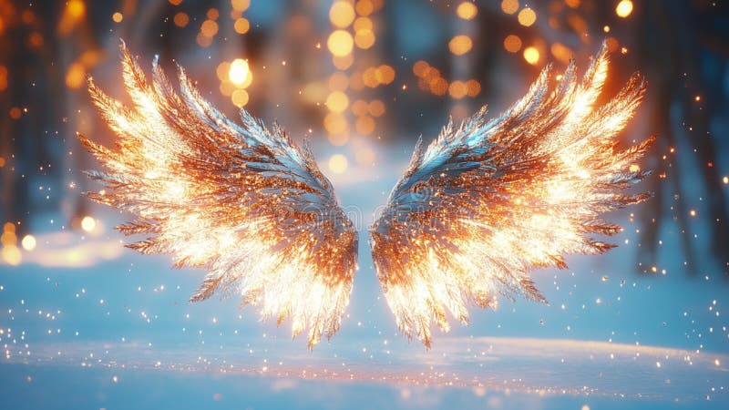 Divine Angelic Golden White Wings on Fire in a Celestial Snowy ...