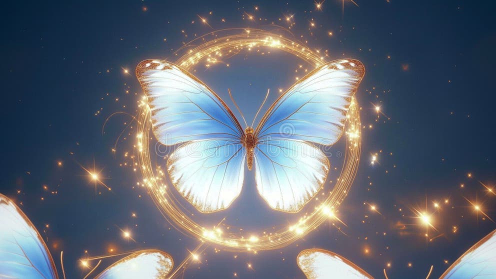 A Delicate Angelic Blue Butterfly Flying in an Enchanted Background ...