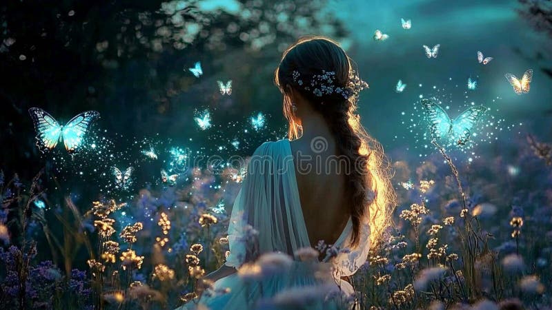 Magical Glowing Blue and Golden Butterflies and a Fantasy Girl in an ...